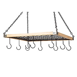 SODUKU Pot Pan Rack with Shelf Grid, Ceiling Mounted Hanging Multi-Purpose Wood & Metal Cookware Hanger Organizer Kitchen Storage with 10 Hooks