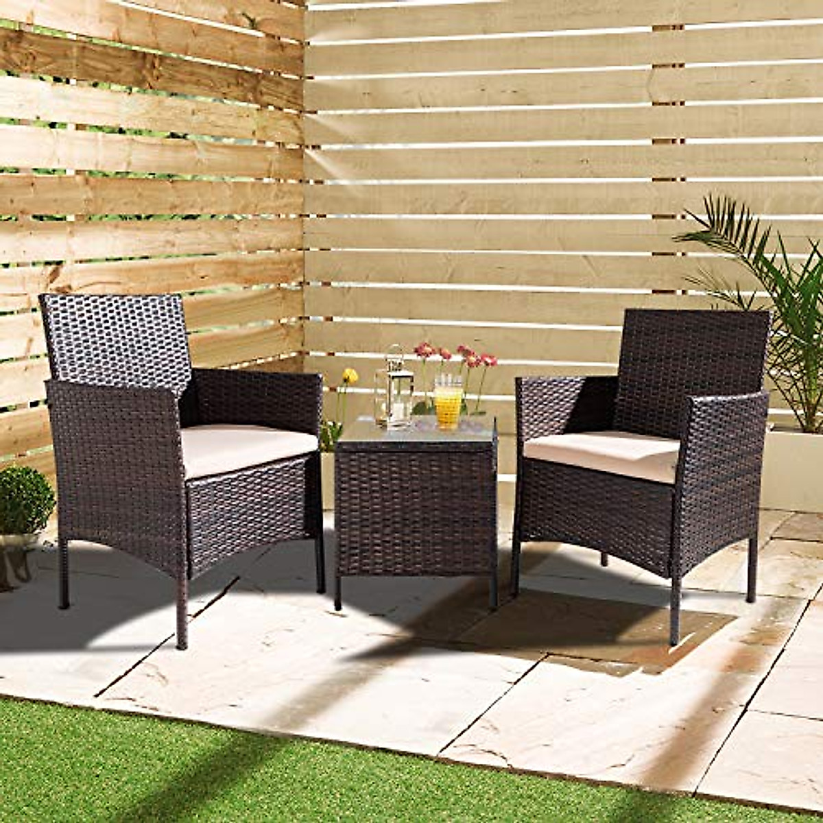 Tuoze Tozey 3 Pieces Patio Furniture PE Rattan Outdoor Conversation Set with Table Backyard Porch Garden Poolside Balcony (Brown)