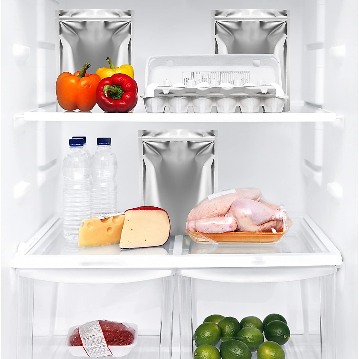 50 Pack 1 QUART Mylar bags for Food Storage With 60 Pack 300cc Oxygen Absorbers Stand-Up Zipper Pouches Resealable for Long Term Food Storage (7" x 10")