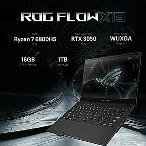 Asus ROG Flow Touchscreen Laptop, 13.4'' WUXGA 1920x1200 Display, AMD Ryzen 7 6800HS, 16GB LPDDR5 RAM, 1TB SSD, NVIDIA GeForce RTX 3050, Backlit Keyboard, Win 11 Pro, Black, 32GB USB Card