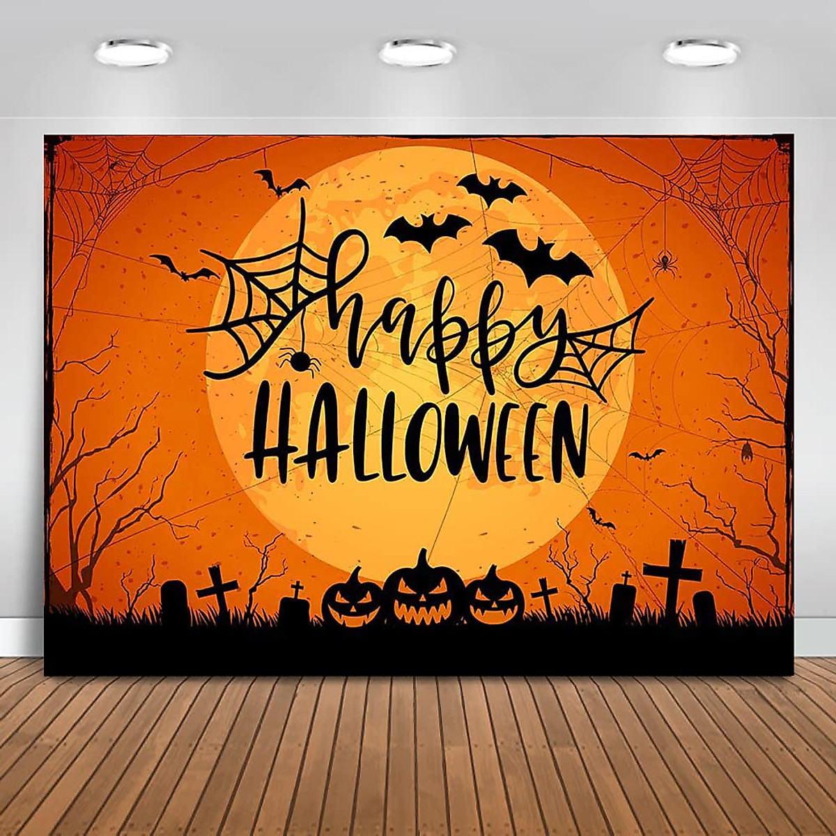Mocsicka Happy Halloween Backdrop Orange Night Moon Graveyard Background Spooky Pumpkin Spider Web Halloween Party Cake Table Decoration Banner Photo Booth Props (7x5ft)
