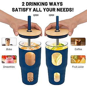 Tronco 32 Oz Tumbler with Straw and Lid, Reusable Drinking Glass Cup with Time Marker, Silicone Sleeve, Fits Cup Holder and Without BPA for Boba Smoothie, Tea, Iced Coffee (Black)