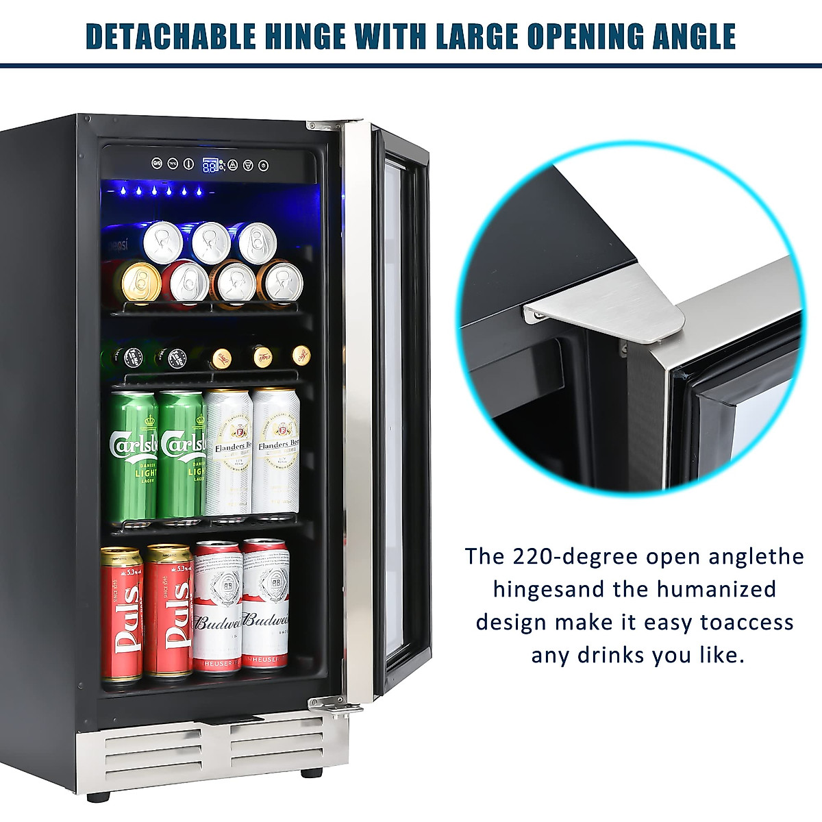 LUMISOL Mini Beverage Refrigerator and Cooler, 15" Cooler Under Counter Built-in or Freestanding, 120 Cans Capacity Wine Cabinet with Blue Interior Light Adjustable Shelves, for Home Bar office