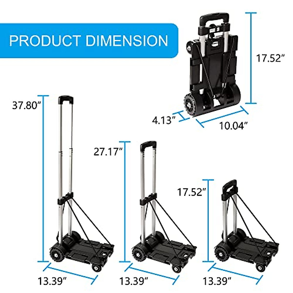 Folding Luggage Cart Portable Dolly Collapsible Hand Truck Lightweight Hand Cart Compact Utility Cart with Heavy Duty 4 Wheels Solid Construction Adjustable Handle for Moving, Travel and Shopping Use