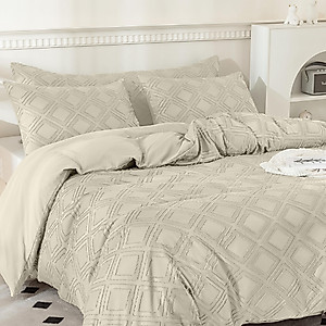 JELLYMONI Cream Grey Duvet Cover Twin Size - 3 PCS Microfiber Tufted Duvet Cover Set, Boho Textured Duvet Cover Jacquard Rhombus Geometric Pattern Duvet Cover with Corner Ties & Zipper Closure