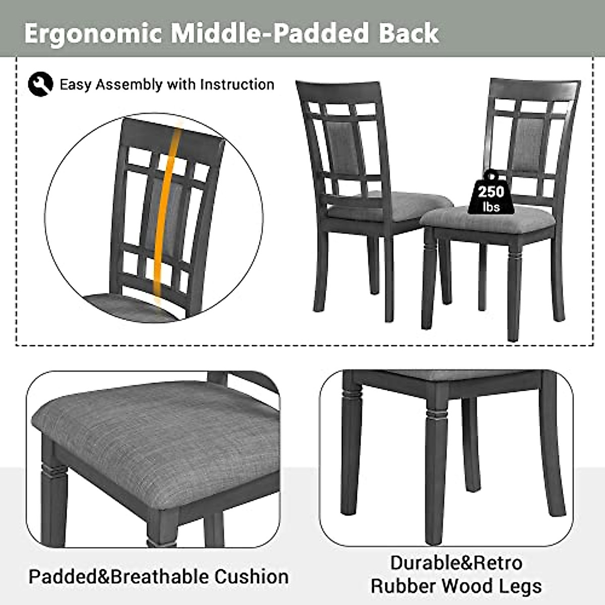 Woanke Table & Chair 7 Piece Dining, Extendable 6 Upholstered Chairs, Breakfast Nook Table Set for Restaurant, Living Room, Kitchen Area, 3-Gray