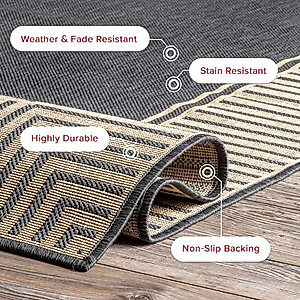 nuLOOM 7' Round Outdoor Area Rug, Casual Design With Striped Border, Stain Resistant, Highly Durable, For Patio, Balcony, Bedroom, Living Room, Dining Room, Bathroom, Dark Grey