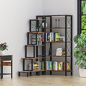 PONROL Large Corner Bookshelf Bookcase, Industrial Reversible 5 Tier Ladder Shelves Storage Display Rack with Metal Frame, Modern Home Office Furniture for Living Room Bedroom