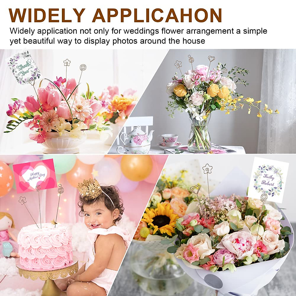 CALIDAKA 40pcs Metal Wire Floral Picks Wire Place Card Holder Stand Gold Floral Card Holder Clip for Wedding Party Birthday Office DIY Cake Topper Shower Party Flower Favor Card Holder(Size:13inch)