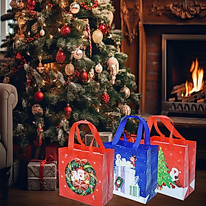 Christmas Gift Bags Tote-Bag with Handles - 12 Pack Reusable Non-Woven Xmas Party Supplies Presents Holiday Santa Claus Merry Christmas Pattern for New Year's Shopping L8.6"xH9"xW4.3"(L22xH23xW11cm)