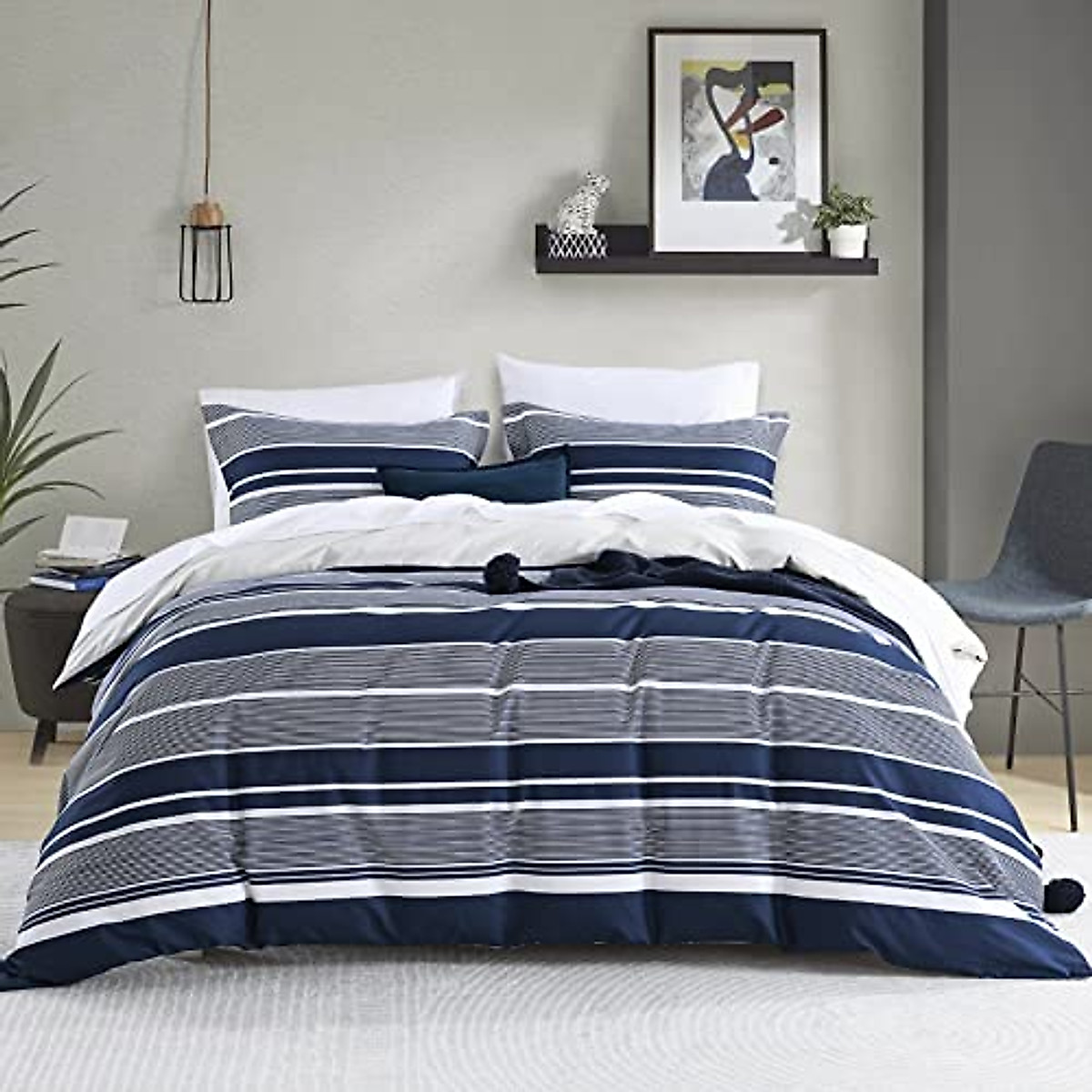CozyDH Cotton Duvet Cover King - 100% Cotton 400TC Navy Blue Duvet Cover King Size, Soft and Breathable King Duvet Cover Set for All Season, Striped Pattern 3pcs Bedding Set (King, 104"x90")
