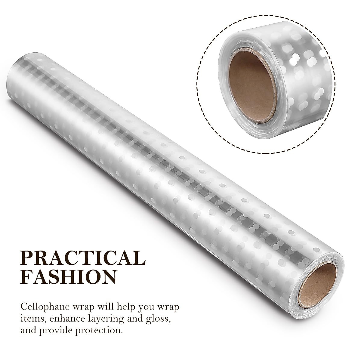 STOBOK Cellophane Wrap Roll,White Dot Florist Paper Wrapper 15.7 inch x100 Ft Crystal Long Film Gift Wrappings Packing Paper for Flowers Craft Basket Bouquet Fruit Food