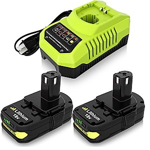 2-Pack 3.0Ah Replacement for Ryobi 18V Battery and Charger Compatible with Ryobi 18V Lithium Battery P102 P103 P104 P105 P107 P109 P108 P190 P122