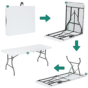 SKONYON Folding Table 6ft Portable Fold-in-Half Plastic Foldable Table for Picnic Party Dining Camp with Carrying Handle, White