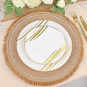 BalsaCircle 4 Natural 15 in Round Burlap Jute Placemats White Prints Fringe Tassel Trim Party Events Reception Decorations Supplies