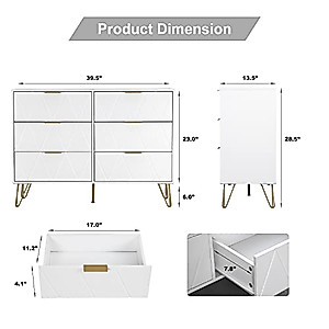 Betterhood 6 Drawer Dresser,White Dresser for Bedroom, Wood Chest of Drawers with Diamond Board & Gold Metal Handles for Bedroom,Living Room,Closet Hallway (White)
