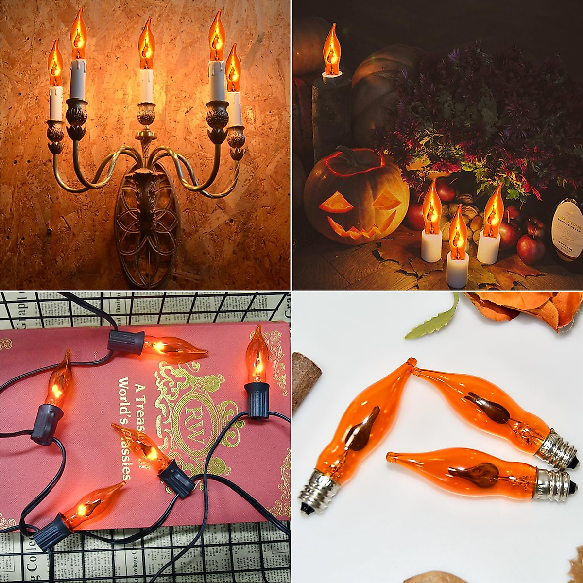 PASUTO 12 Pack C7 Flickering Flame Light Bulbs Orange Flame Light Bulbs - E12 Flickering Flame Bulb, Ideal as Christmas Halloween Candle Light Bulbs & Replacement Bulbs for String Lights,1W, 120V