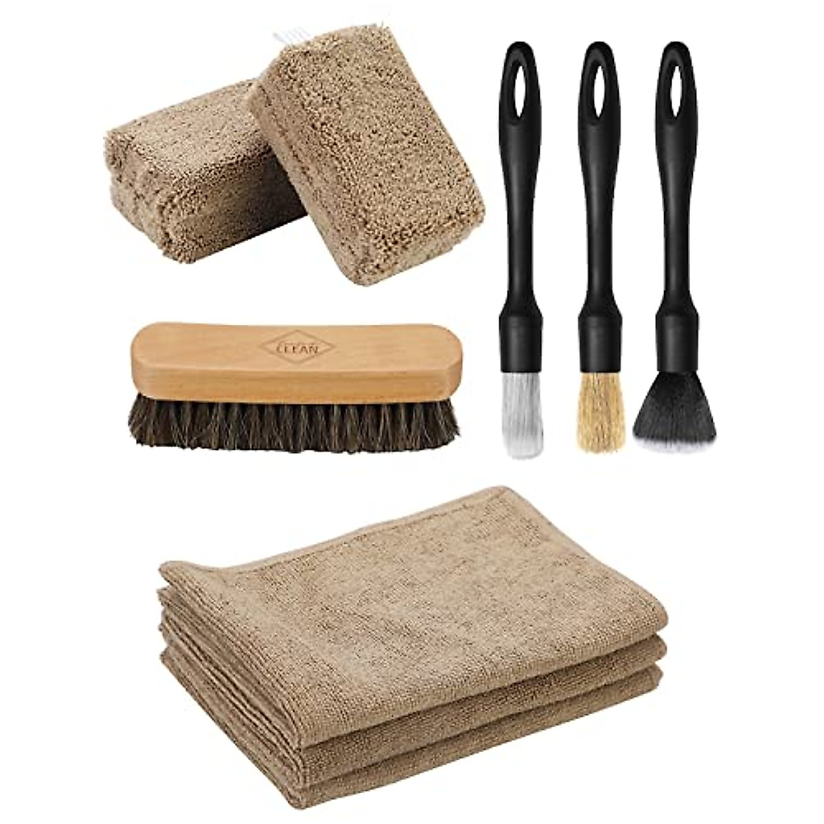 Fantasticlean 9PCS Car Interior Detailing Set, Microfiber Cloth & Applicator, Detailing Brushes, Natural Bristles, Scratch-Free & Ultra-Soft for Seats Leather Care or Cleaning