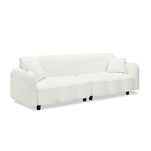 Elevon 96 Inch Modern Sofa Couch, Comfy Cloud Couch Loveseat Sofa Teddy Velvet Upholstered, 3 Seater Cozy Deep Seat with 2 Pillows for Living Room Bedroom Apartment Office, White