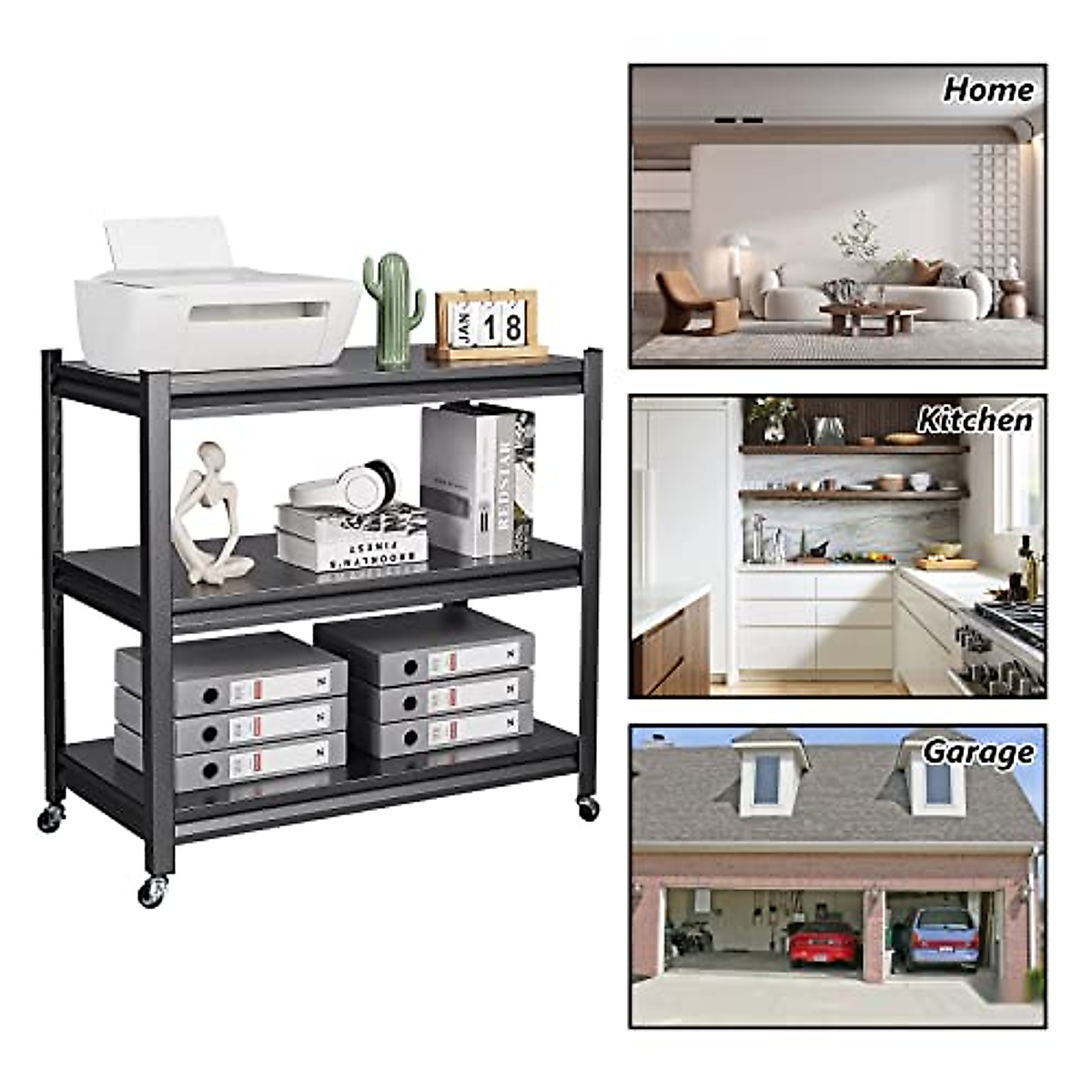 STANI Garage Shelving, Rolling Shelf with Wheels for Storage, 3-Tier Metal Shelving Unit with Wheels for Garage Kitchen Office, Utility Carts with Wheels, Bakers Rack Shelf, Storage Shelves on Wheels