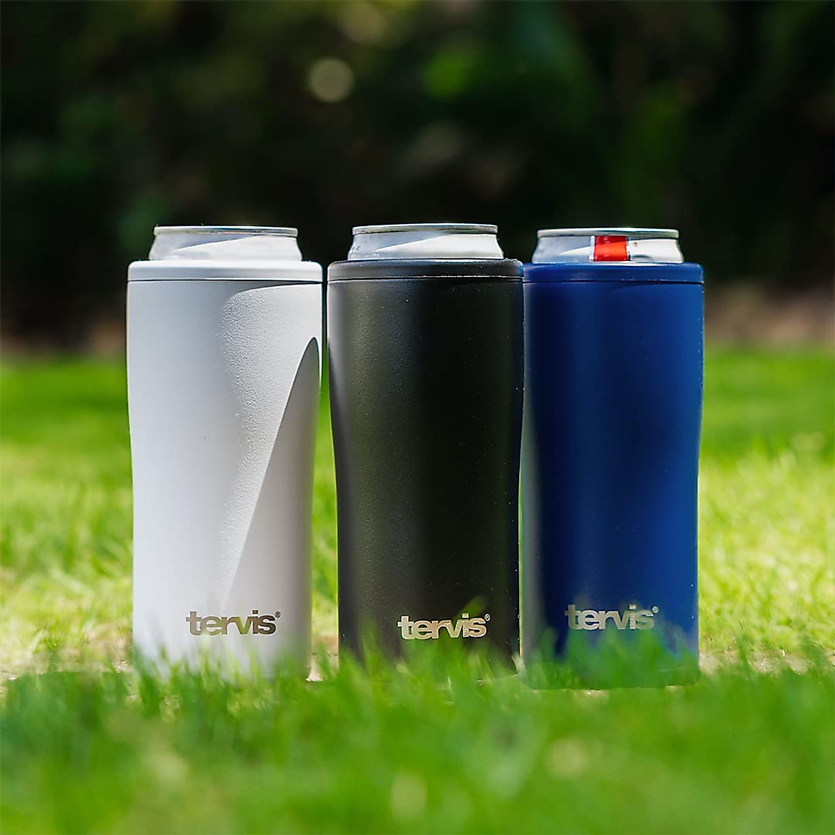 Tervis Deepwater Blue Powder Coated Triple Walled Insulated Tumbler Cup Keeps Drinks Cold & Hot, 12oz Slim Can Cooler, Deepwater Blue