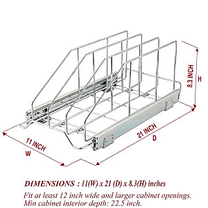 OCG Pull Out Cabinet Organizer for Cookie Sheet Cutting Board Bakeware and Tray, Slide Out Kitchen Cabinet Organizer 11" W x 21" D, Chrome