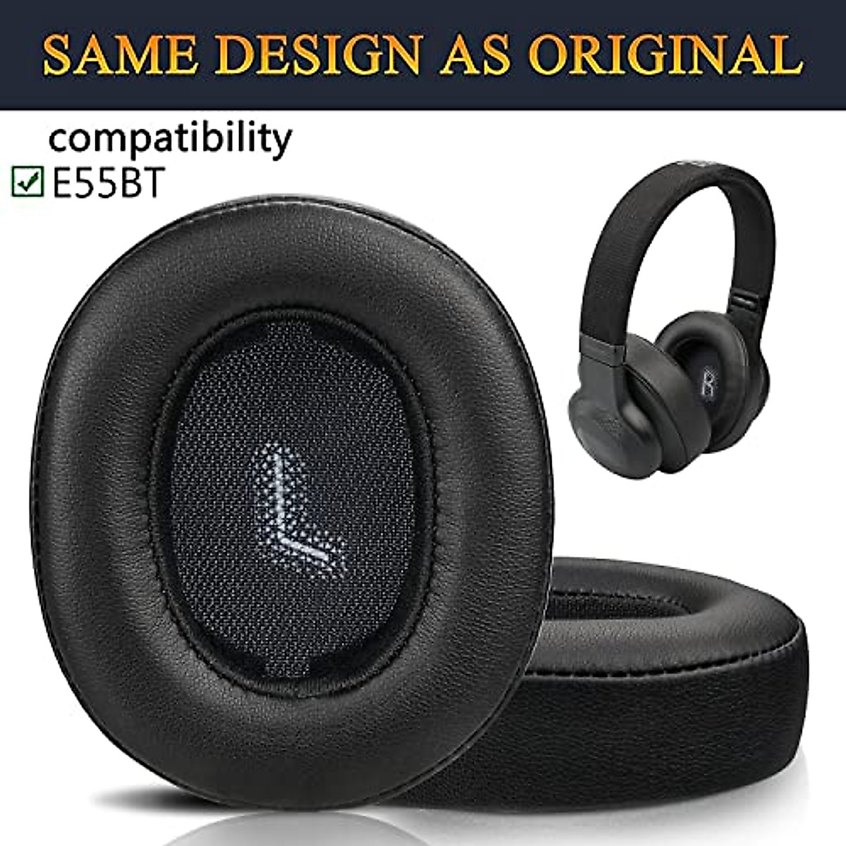 SOULWIT Replacement Earpads for JBL E55BT(E55 BT) Over-Ear Wireless Headphones, Ear Pads Cushions with Softer Protein Leather, Noise Isolation Foam-Black