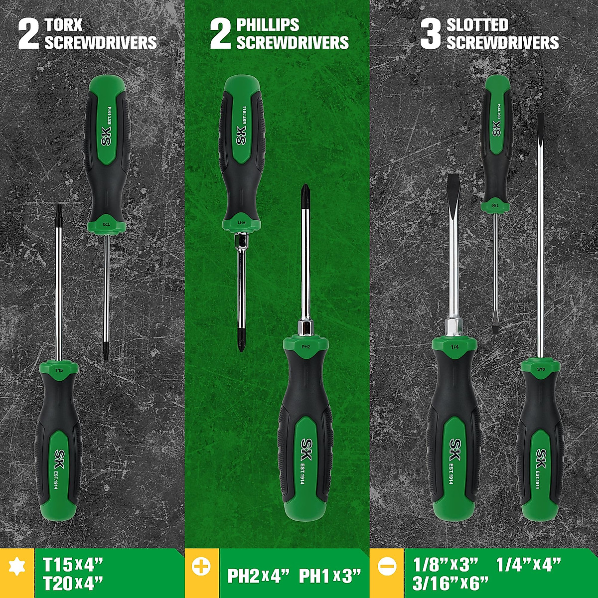 SK 7-Piece Magnetic Screwdriver Set, Includes Slotted/Phillip/Star Screwdrivers, S2 Steel, SureGrip Handle
