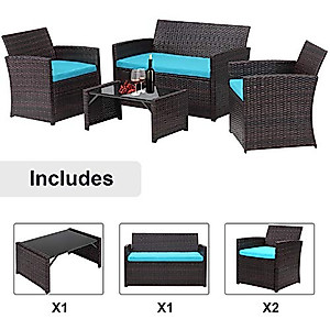 Saemoza 4 Pieces Outdoor Patio Furniture Set, Outdoor Wicker Rattan Patio Furniture with Tempered Glass Tabletop Clearance（Blue）