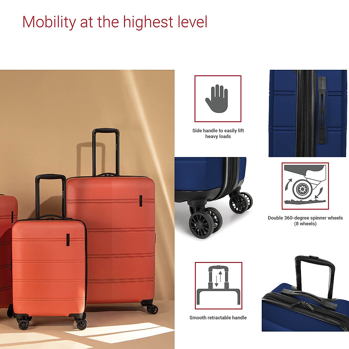 Swiss Mobility LAX Collection 3 Piece Hard Shell Luggage Set, Expandable Suitcases with 360-Degree Spinner Wheels, Retractable Handle, 20 Inch Carry On, 24 Inch Mid-size, 28 Inch Large Bags, Blue