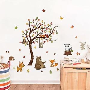 decalmile Forest Animals Tree Wall Decal Fox Deer Fall Leaves Wall Stickers Baby Nursery Kids Bedroom Classroom Wall Decor (H: 31 Inches）