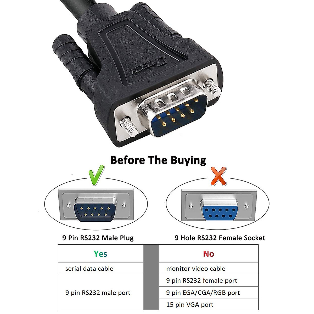 DTech 6ft DB9 to DB9 RS232 Serial Cable Male to Male Simple Null Modem Cord Cross TX RX line 2 Pin Crossed Without Handshake for Computer Data Communication (6 Feet, Black)
