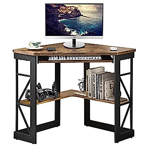 VECELO Corner Computer Desk Writing Smooth Keyboard Tray & Storage Shelves,Compact Home Office Triangle Table, Antique Brown
