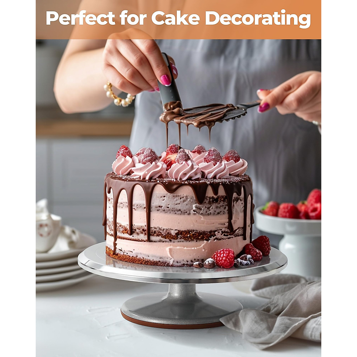 Kootek 12 Inch Cake Turntable Cake Decorating Kit Supplies, 7 Pcs Baking Supplies Aluminium Alloy Revolving Cake Decorating Stand, with 3 Icing Smoother, Icing Spatula, Silicone Spatula, Cake Cutter