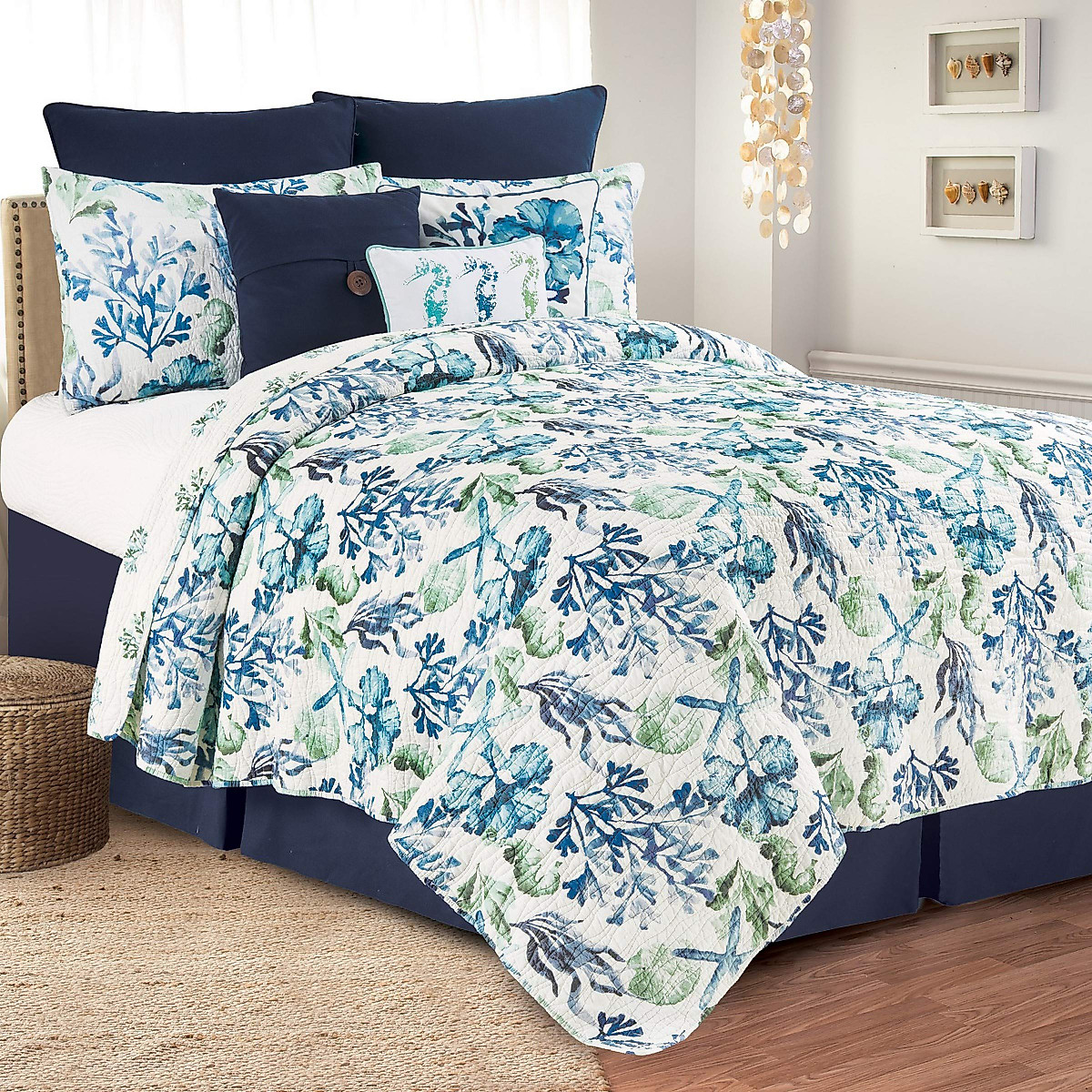 C&F Home Bluewater Bay King Cotton Quilt Set All-Season Oversized Reversible Nautical Coastal Beach Theme Bedspread 3 Pcs with Shams King 3 Piece Set Blue
