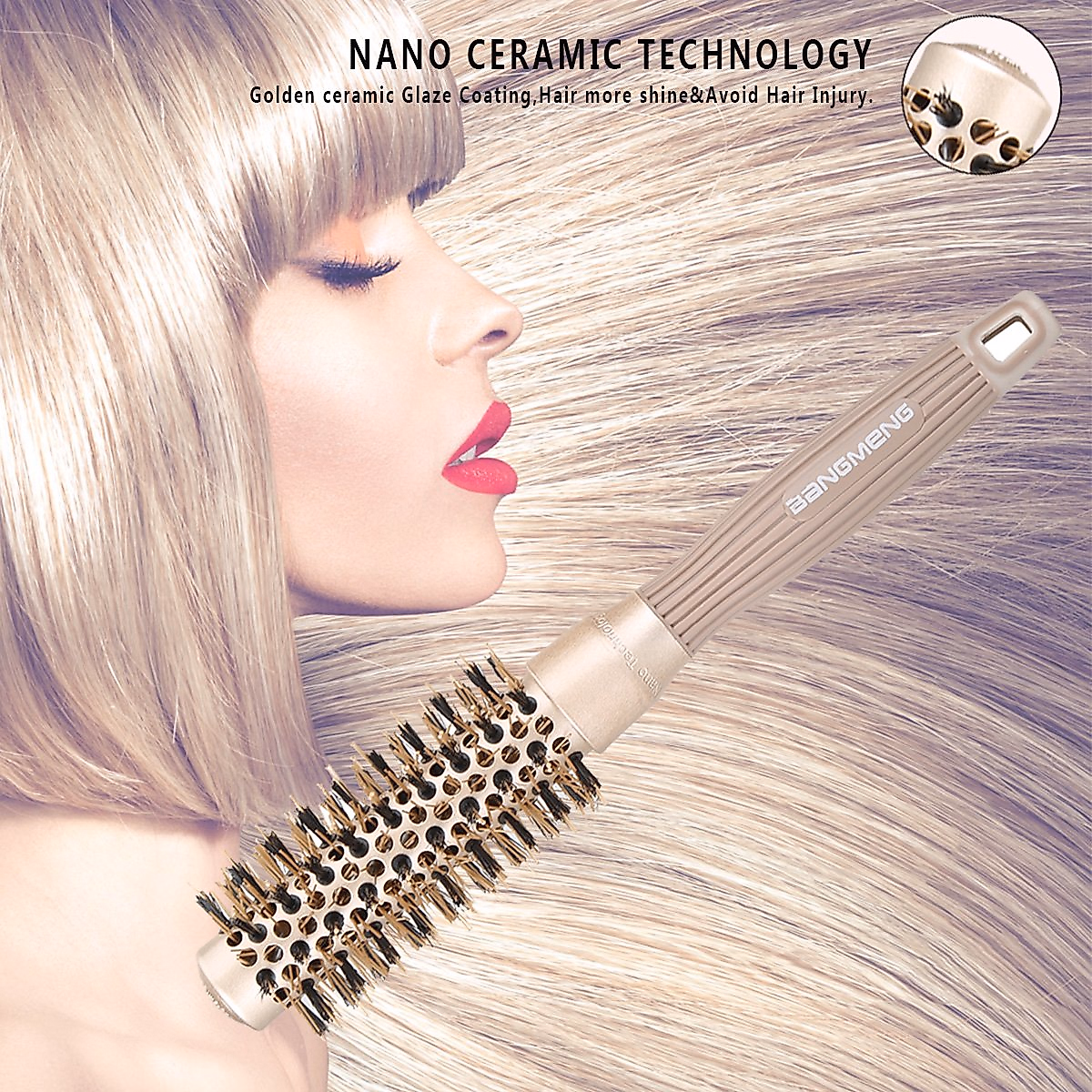 BANGMENG Round Brush with Boar Bristles, 1 inch Barrel, Nano Thermal Ceramic Ionic Tech for Straightening and Blow Drying, Gold