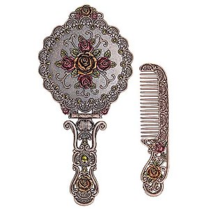 Nerien Vintage Mirror Comb Set Metal Antique Rose Style Handheld Makeup Mirror Travel Round Folding Cosmetic Mirror Women's Vanity Handle Foldable Mirror Decorative Tabletop Mirror Copper