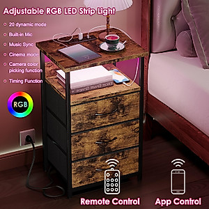 Fixwal Night Stand with Charging Station, LED Nightstand with Fabric Drawers, End Table with PU Finish, Bed Side Table, Rustic Brown