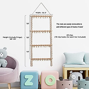 Mokof Bow Holder for Girls Hair Bows, Headband Organizer for Baby Girl, Macrame Bow Organizer for Boho Room Nursery Wall Decor (Beige, 4 Rods with 40 Clips)