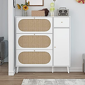 Pvillez Shoe Storage with Flip Drawers,NaturalRattan Shoe Cabinets,Shoe Organizer RackWooden Shoe Organizer for Entryway/Bedroom/Living Room/Apartment,Free Standing