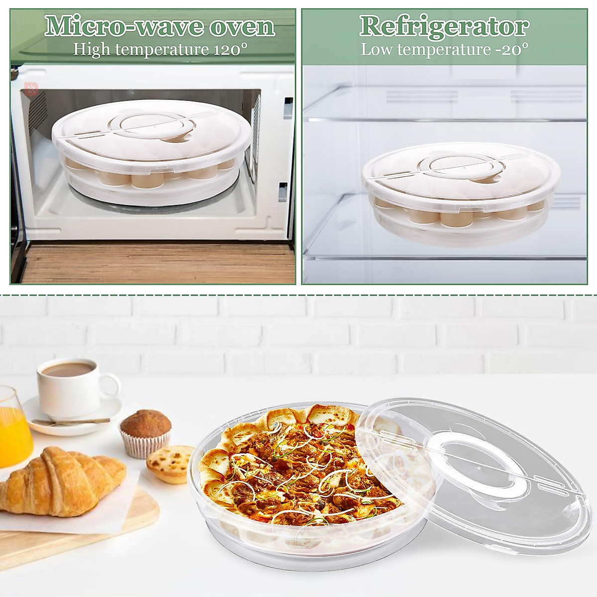 LANIAKEA 3PCS 12 Inch Food Storage Container with Lid and Handle, 2 Compartments Reusable Pizza Slice Storage Container Pie Container Leftover Pizza Keeper for Food Cake Cheesecake Tortilla Pastry