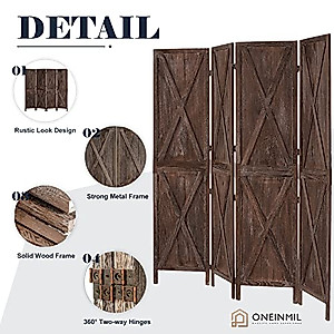 oneinmil Room Divider, 5.8 Ft Tall Folding Privacy Screens Room Divider, 4 Panel Wood Freestanding Partition Wall Dividers, Rustic Barnwood, Brown