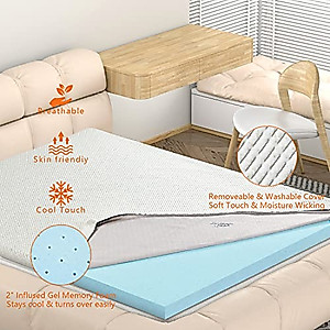 2 Inch Tempurpedic Mattress Topper Full Size, Cozary Cooling Mattress Pad Cover for Back Pain, Bed Topper with Bamboo Cover, Soft Breathable