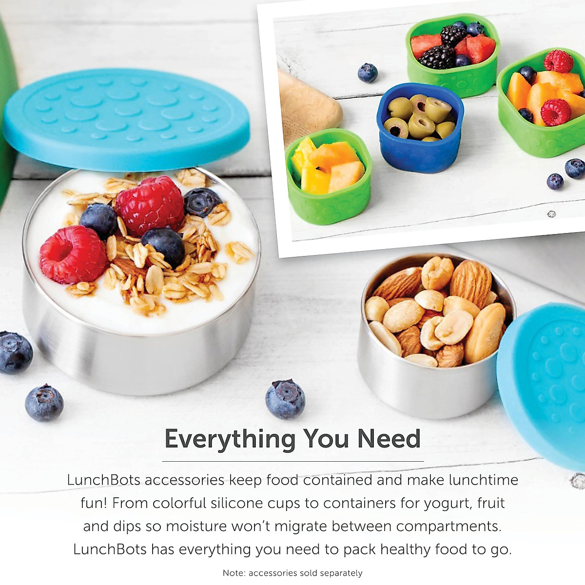 LunchBots Rounds Leak Proof 4 oz. Stainless Snack Container Jar, Set of 2, Blue Lid