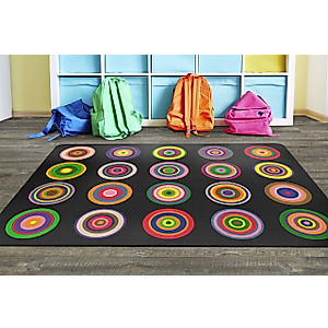 Flagship Carpets Color Rings Colorful Children's Area Rug for Kids Room Circle Seating Décor, Play Carpet for Teaching and Playing, Seats 20, 5'10" x 8'4", Black
