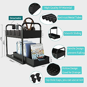EWQKPEL 2 Tier Under Sink Organizers and Storage, Sliding Drawer Bathroom Kitchen Sink Organizer with 4 Hooks 2 Handles, Multi-purpose Under Cabinet Shelf, Bath Collection Basket