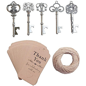50 Pcs Silver Skeleton Key Beer Bottle Opener With 100 Pcs Thank You Card and 98 Feet Hemp Rope for Wedding Party Favors (50pcs Silver)
