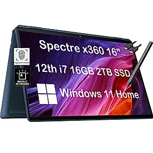 2022 HP Spectre x360 16" 3K+ (3072 x 1920) 2-in-1 Touchscreen (Intel 14-Core i7-12700H, 16GB RAM, 2TB PCle SSD, Stylus) Convertible Laptop, Fingerprint, Backlit, 2 x Thunderbolt 4, Windows 11 Home