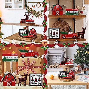 Guoofu Christmas Tiered Tray Decor, Farmhouse Tray Decorations Indoor, Merry Christmas Deer Truck Winter Wooden Signs, Rustic Christmas Decor for Kitchen Home Table Mantel Office Holiday Party