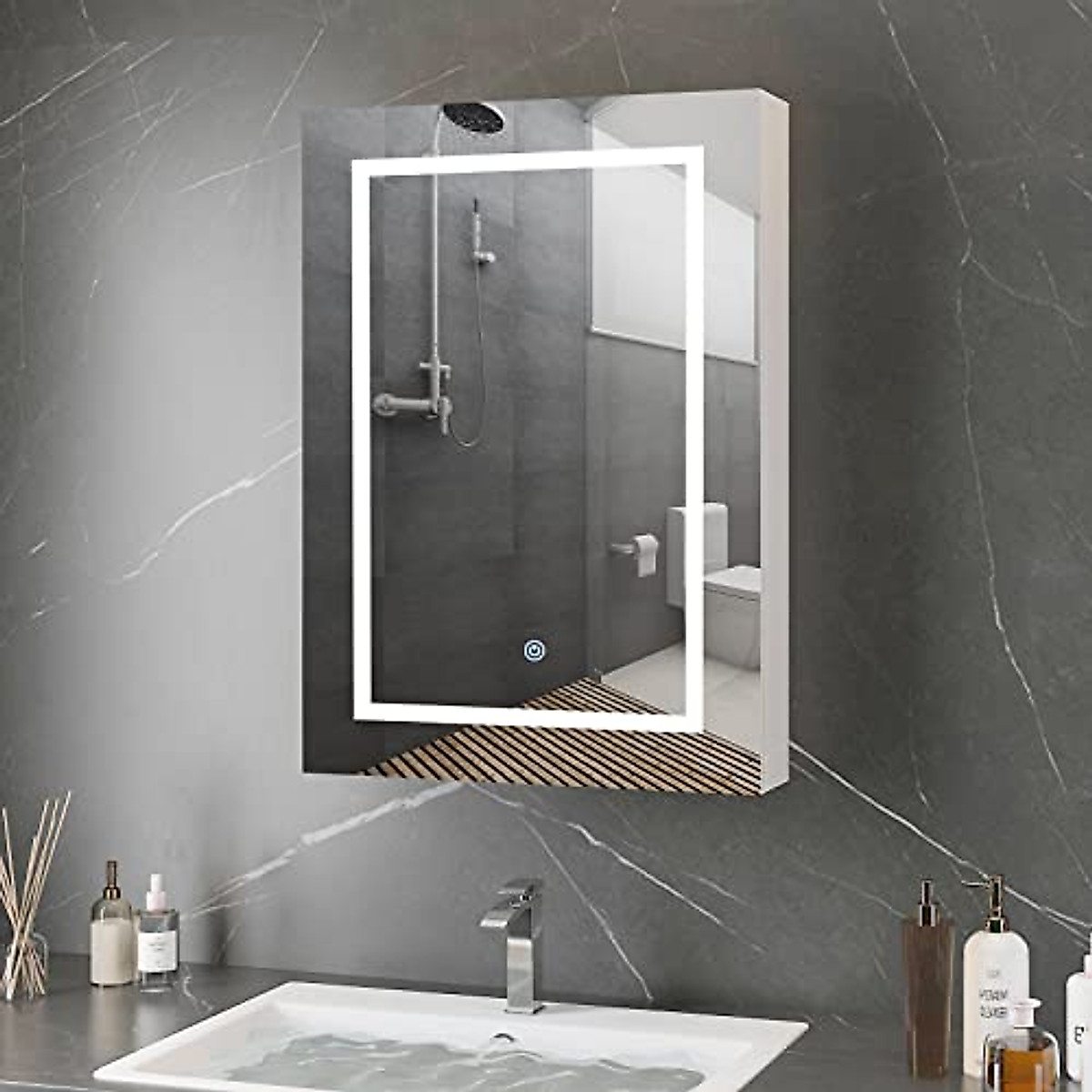 BURENMTO 20x28 Inch Bathroom Medicine Cabinet with Mirror and Lights Surface Led Medicine Cabinet 3-Color Wall Mounted Medicine Cabinet with Adjustable Shelf and Storage